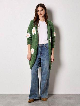 Apricot Cardigan 3D-G&auml;nsebl&uuml;mchen-Strickjacke aus grobem Strick Blumenapplikation