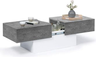 IDMarket Niedriger Schiebetisch MARTA aus weißem Holz und einer Platte mit Betoneffekt