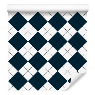 OEM Carta Da Parati Basic Retro Check Blu Navy, Bianco E Turchese 50x1000 Cm