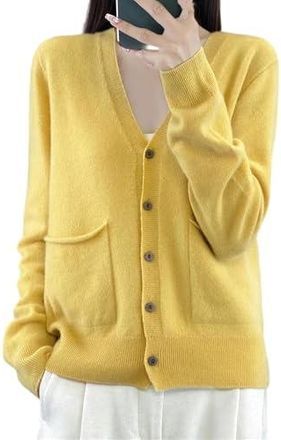 Generic Cardigan en laine m&eacute;rinos avec col en V et poche simple boutonnage pour femme, jaune, L