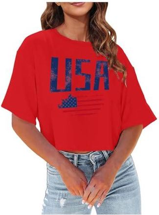 Generic Haut court patriotique d&eacute;contract&eacute; pour femme - Motif graphique 2025 - Style athl&eacute;tique - Ample - Col rond - Coupe ample - Mignon - Manches courtes - 