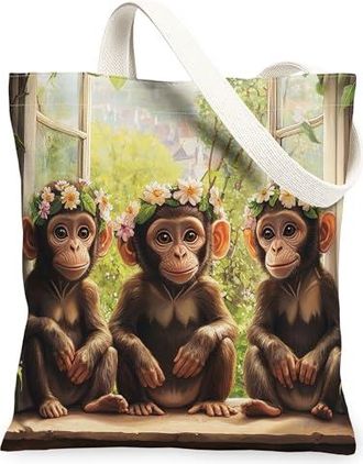 Generic Sac fourre-tout en toile de singe printanier pour faire du shopping, 33 x 38,1 cm, motif plante en pot, sac d&eacute;picerie r&eacute;utilisable pour femme, peintur