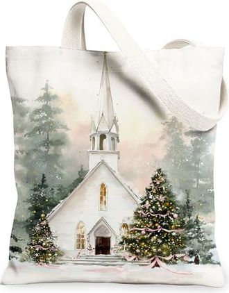 Generic Sacs fourre-tout en toile pour &eacute;glise de No&euml;l, sc&egrave;ne, sacs d&eacute;picerie r&eacute;utilisables, vintage, l&eacute;gers et lavables, toile pour voyage, pique-nique, 33 x 