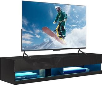 HOMCOM Meuble TV Banc TV Mural Suspendu LED Style Contemporain - placards avec 2 Portes battantes et 2 Passe-c&acirc;bles - en Bois dim. 150L x 40l x 30H cm Noir l