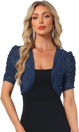 Allegra K Bol&eacute;ro Femme en Maille &agrave; Manches Courtes Fronc&eacute;es Gilet Court L&eacute;ger Demi-Transparent Cardigan pour Robe de Cocktail Bleu Marine L