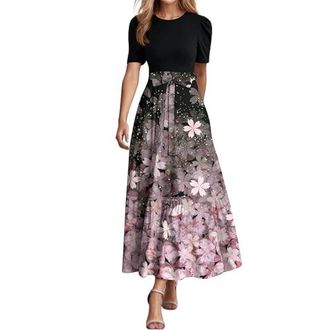 Generic Robe d&eacute;t&eacute; pour femme - Imprim&eacute; floral - Manches courtes - Robe maxi patchwork &agrave; volants - Robe trap&egrave;ze, Rose, XXL