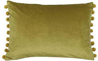 Riva Paoletti Fiesta Rechteckige Kissenhülle - Samtoptik mit Bommelkante (Bambus/Gold - 35 x 50 cm)