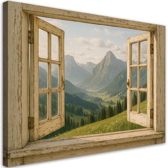 Feeby Leinwand Bilder - Bild Wohnzimmer - Fensterblick Berge Shabby Chic - 100x70 1tlg - Deko Schlafzimmer Gro&szlig; - Dekoration Canvas - Gem&auml;lde - Modern Wandb