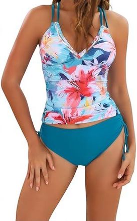 Ocean Plus Tankini &agrave; imprim&eacute; floral pour femme - Haut tankini &agrave; col en V avec bretelles crois&eacute;es r&eacute;glables dans le dos - Bas de bikini &agrave; coupe haute &agrave; nouer sur 