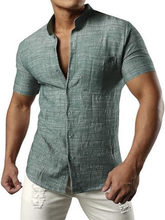 JOGAL Chemise en lin à manches courtes pour homme - Coupe droite - Chemise dété boutonnée - Chemise de loisirs, Vert profond., XXL