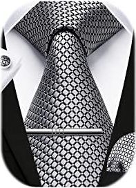 Hisdern hommes argent Plaid cravate mouchoir bouton de manchette pince &agrave; cravate ensemble formel f&ecirc;te de mariage cadeaux
