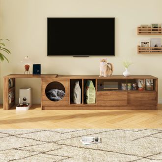 Generic TV-Schrank Walnuss Optik Drehbar & Ausziehbar 180-260 cm Lowboard mit Katzenh&ouml;hle TV-M&ouml;bel L-Form Eckfernsehtisch Glasfront Haustierfreundlich Moderne