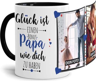 Tassendruck Fototasse mit Spruch für den Bonus Papa - Glück ist, jemanden wie Dich zu haben - zum Selbst gestalten mit 2 Fotos, Innen & Henkel Schwarz, 300 ml