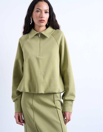 Topshop Sweat en maille interlock avec ourlet bouffant et col polo zipp&eacute; - Vert
