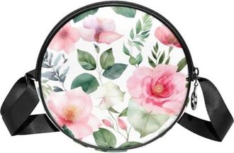 Generic Petit sac &agrave; bandouli&egrave;re circulaire pour femme, motif feuilles florales, sac &agrave; dos avec fermeture &eacute;clair, bretelles r&eacute;glables, sac &agrave; main rond d&eacute;contra