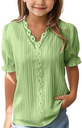 Generic Chemisier Chic Fille Manches Court - Haut Enfants Chic Et Elegant Tops Couleur Unie Chemise Col V Hauts avec Manches Shirt Respirant T-Shirt Soir&eacute;e Ch