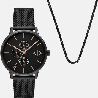 A|X Armani Exchange Multifunction - Parure montre et collier en acier inoxydable - Noir