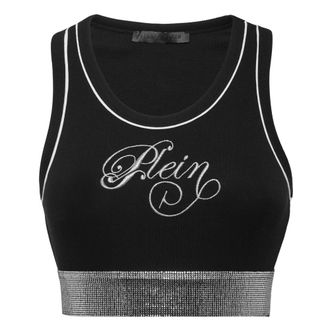 Philipp Plein Femme, Tops, Noir, Taille: 38 FR Cropped Tank Top Elastic Strass