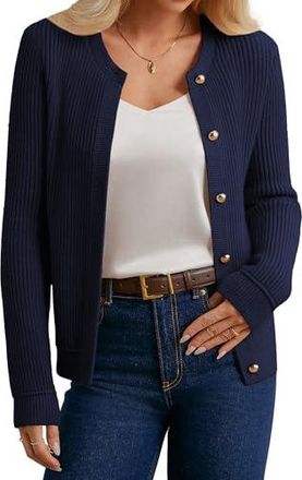 Grace Karin Cardigan &eacute;l&eacute;gant pour femme - Col rond - Manches longues - Blazer en tricot pour lautomne et lhiver - Boutonn&eacute;, bleu marine, L