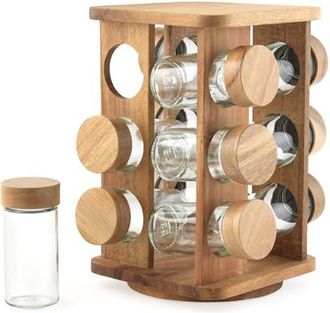 Salter Salter Toronto Drehbares Gewürzregal - 12 Kompakte Nachfüllbare Glasbehälter inkl. Gewürzetiketten, Schraubverschluss, FSC-Akazienholz & Schraubdeckel