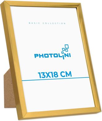 Photolini Bilderrahmen 13x18 cm Gold, Kunststoff-Rahmen schmal, bruchsicheres Acrylglas, zum Aufstellen und Aufhängen, extra Zubehör - Dokumentenrahmen für Urku