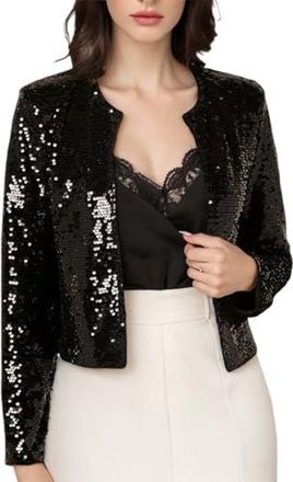 Generic Femme Blazer Veste &Agrave; Sequins &Eacute;l&eacute;gante pour Femme Manches Longues Ouverte sur Le Devant Cardigan Court Paillet&eacute; Col Rond Sexy Blazer Bol&eacute;ro Scintillant