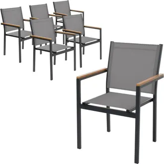 ML Design ML-Design Lot de 6 Chaises de Jardin avec Accoudoirs Aspect Bois, Gris Fonc&eacute;, Structure en Aluminium Anthracite, Fauteuils en Textil&egrave;ne, Si&egrave;ge