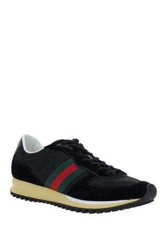 Gucci Mens Black Low-Top Sneakers With Side Web Detail Calf Trainers