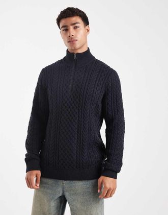 Jack & Jones Pull à col zippé en maille torsadée de qualité supérieure - Bleu marine