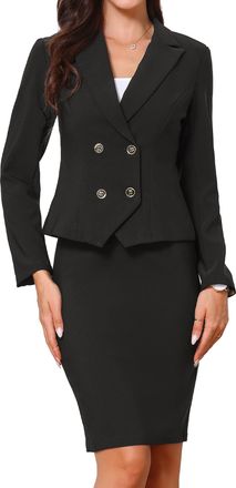 Allegra K Damen Anzug 2-Teilig Elegant Set Business Langärm Revers Formeller Büro Rockanzug Schwarz XL