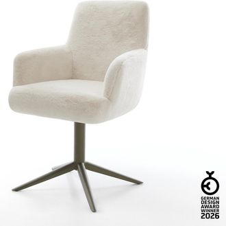 DELIFE Drehstuhl Heira-Flex mit Armlehnen Pl&uuml;sch Creme-Wei&szlig; Fu&szlig;kreuz Effektfinish Titan 360&deg; drehbar Wippfunktion Taschenfederkern, Esszimmerst&uuml;hle
