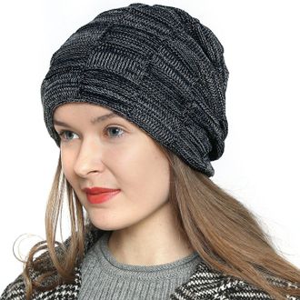 DonDon M&uuml;tze Damen Winterm&uuml;tze Slouch Beanie Strickm&uuml;tze mit warmen Fleece Innenfutter Nachtblau wei&szlig;