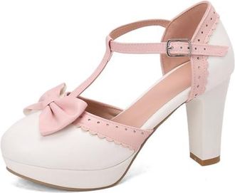 Generic Chaussures Lolita Mignonnes à Sangle en T pour Femmes avec Plate-Forme à Boucle réglable Talons Hauts épais Blocs Noeud Rond Bout fermé Casual Mary Ja