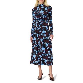 Amazon Essentials (S&eacute;lection de Demi) Robe Mi-Longue &agrave; Manches Longues, Coupe Ajust&eacute;e et &Eacute;vas&eacute;e Femme, Bordeaux Bleu Fleuri, XL