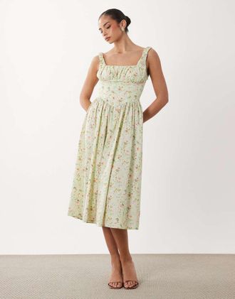 Gina Tricot Gina Tricot - Robe corset mi-longue &agrave; imprim&eacute; fleuri - Vert