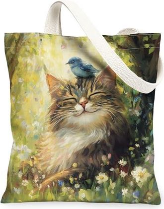 Generic Spring Maine Coons Sac fourre-tout en toile r&eacute;utilisable Motif chats 33 x 38 cm