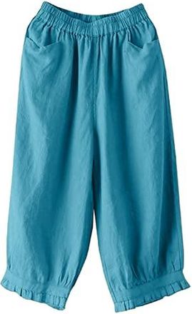 Generic Pantalon Femme Large Fluide &Eacute;t&eacute; en Lin Ample Coton R&eacute;tro et Amincissant pour Femmes avec Un Pantalon D&eacute;contract&eacute; Court De Couleur Unie Baggy Ensemble 