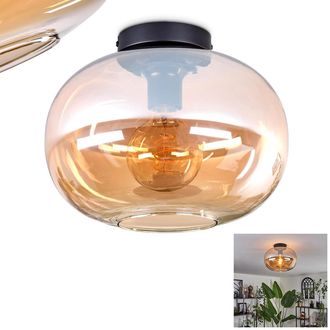 HOFSTEIN Deckenleuchte Apedo, Deckenlampe aus Metall/Glas in Schwarz/Bernsteinfarben, Leuchte im modernen Retro/Vintage-Design mit Schirm aus Glas (&Oslash; 30 cm), 1