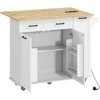 HOMCOM Desserte &icirc;lot central de cuisine multi-rangement - prises secteur, ports usb - blanc effet bois clair