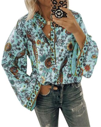 ORANDESIGNE Damen Vintage Bohemian Blusen Hippie Blumen Bluse Boho Tunika Elegante Oberteile Tops Langarm Shirt A Gr&uuml;n M