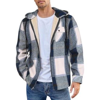 Jamron Homme Hiver Veste à Capuche en Polaire à Carreaux Zippée Manteau Rembourré Chaud Décontracté Bleu Ciel & Blanc XXL