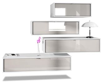 Vladon Wohnwand Lana V3 Anbauwand aus 4 H&auml;ngeelementen mit 10 F&auml;chern, Made in Germany, Korpus in Wei&szlig; matt, Fronten in Sandgrau Hochglanz | Gro&szlig;e Farbauswah