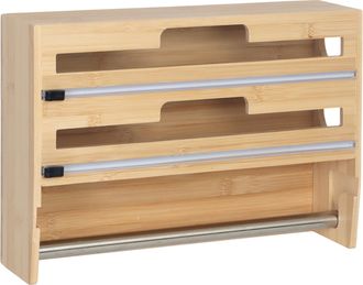 Relaxdays Wandrollenhalter 3 in 1, f&uuml;r K&uuml;chenrolle, Alufolie, Frischhaltefolie, Bambus, HxBxT: 25 x 37 x 10 cm, Natur