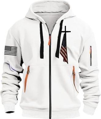 Generic Sweat &agrave; capuche zipp&eacute; pour homme, motif drapeau national r&eacute;tro, v&ecirc;tements patriotiques, tactiques, croix, foi, poche de bras, confortable, athl&eacute;tique,