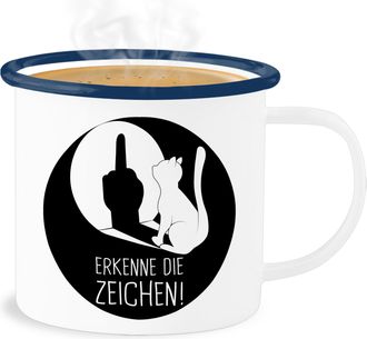 Shirtracer Emaille Becher Blechbecher - Tassen - Erkenne die Zeichen Katze - Winkelkatze Mittelfinger Stinkefinger Katzen - 300 ml - Wei&szlig; Blau - geburtstagsgesch