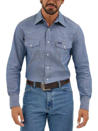 Wrangler Herren-Arbeitshemd, Cowboy-Schnitt, Western-Stil, langärmelig, Schnappverschluss, Feste Oberfläche, Medium Blue Chambray, 20-35