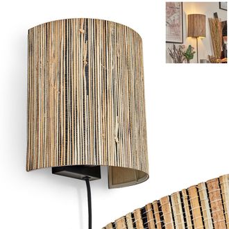 HOFSTEIN Wandleuchte Viadores, Wandlampe aus Metall/Seegras in Schwarz/Natur, Leuchte im Boho-Design, Wandleuchte mit Stecker und Schalter, abnehmbares Kabel, 
