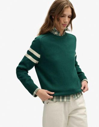 Superdry Relaxed-Fit-Strickpullover in dunklem Tannengr&uuml;n mit Streifen