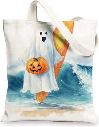 Generic Sacs fourre-tout en toile fantôme, motif citrouille dHalloween, sacs de courses réutilisables, sacs de courses amusants légers et lavables, blanc, 13x