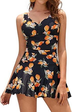 SHEKINI Femme Vintage rembourré Sexy Maillot de Bain Robe avec Jupette Une Pièce Bikini Robe de Plage Push Up Amincissante Sport Beachwear Swimwear Eté Mode (